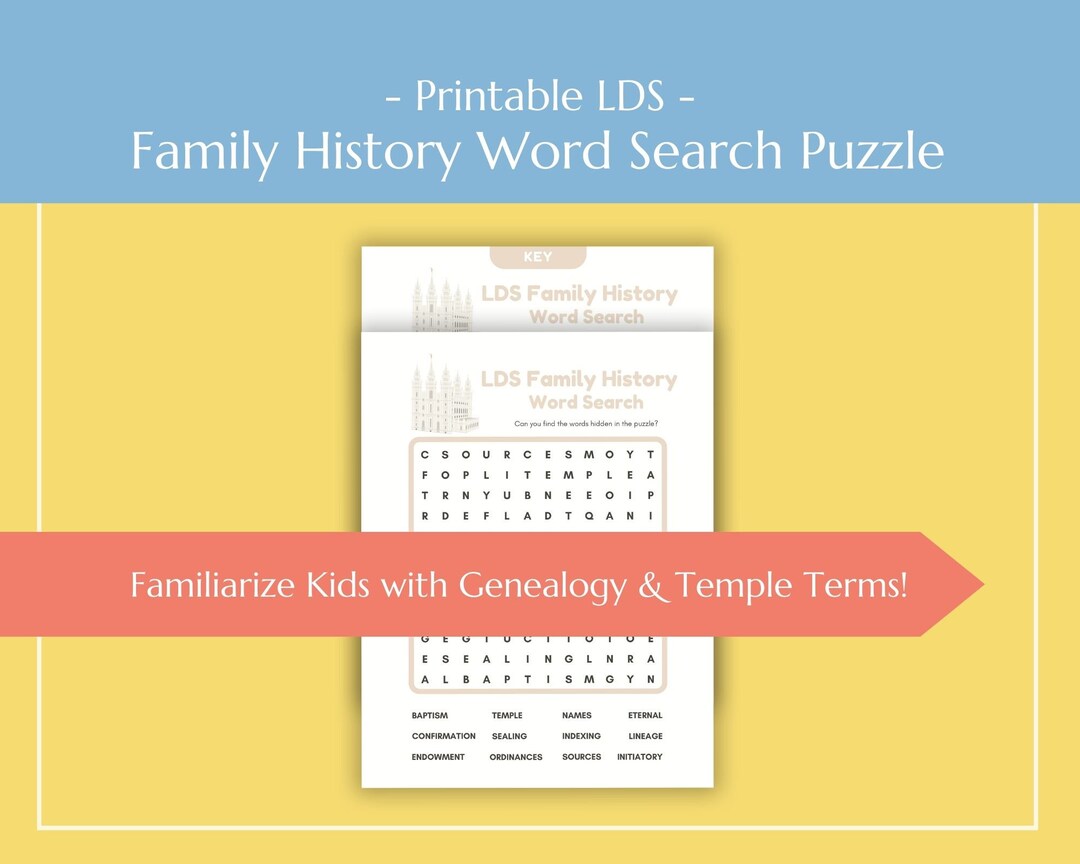 LDS Kids and Youth Family History Temple Word Search | Genealogy Puzzle ...