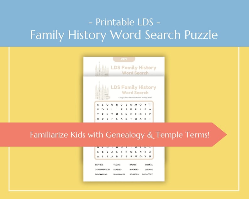 LDS Kids and Youth Family History Temple Word Search | Genealogy Puzzle ...