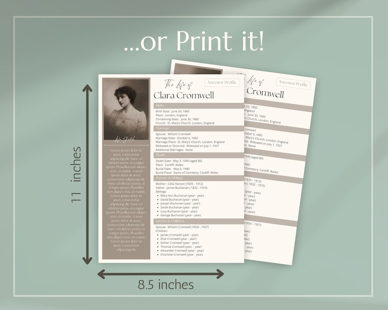 Ancestor Profile Page Template | Ancestor Summary – Genealogy Binder ...