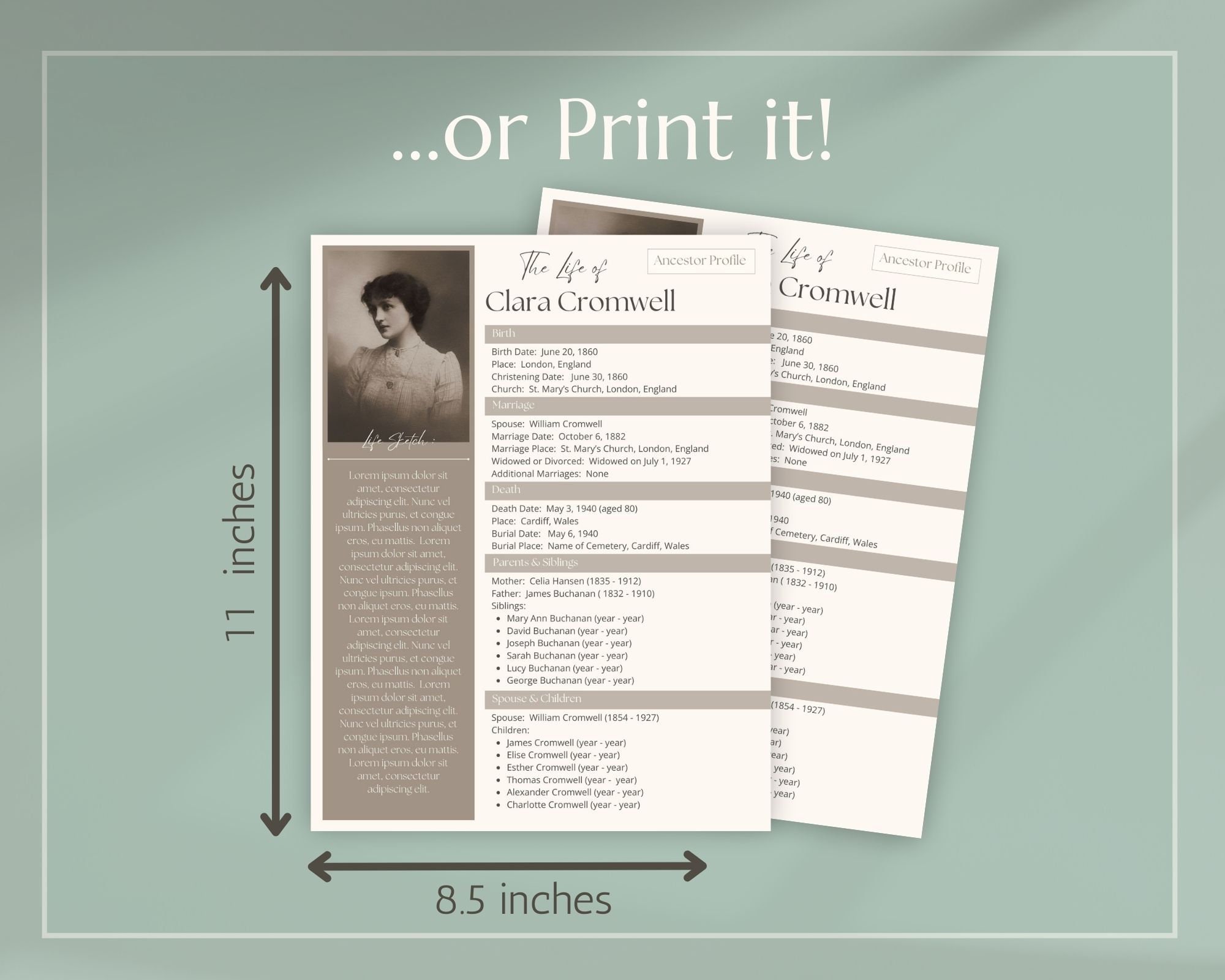 Ancestor Profile Page Template | Ancestor Summary – Genealogy Binder ...