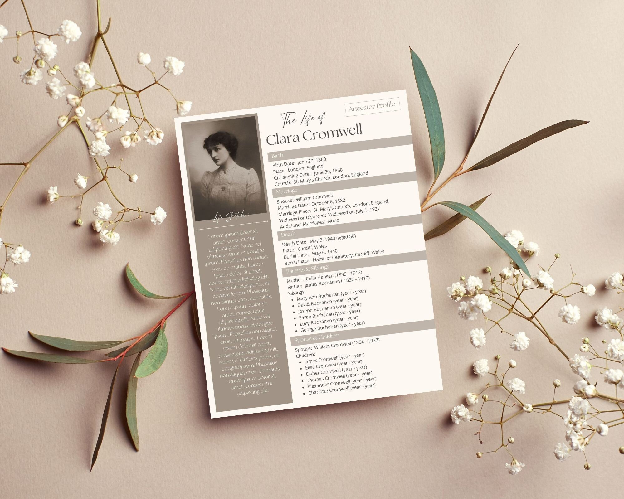 Ancestor Profile Page Template | Ancestor Summary – Genealogy Binder Insert – Editable in CANVA ...