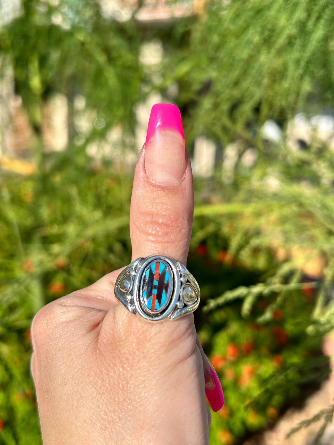 Zuni Handmade Multi Stone Inlay Sterling Silver Turquoise Coral Men ...