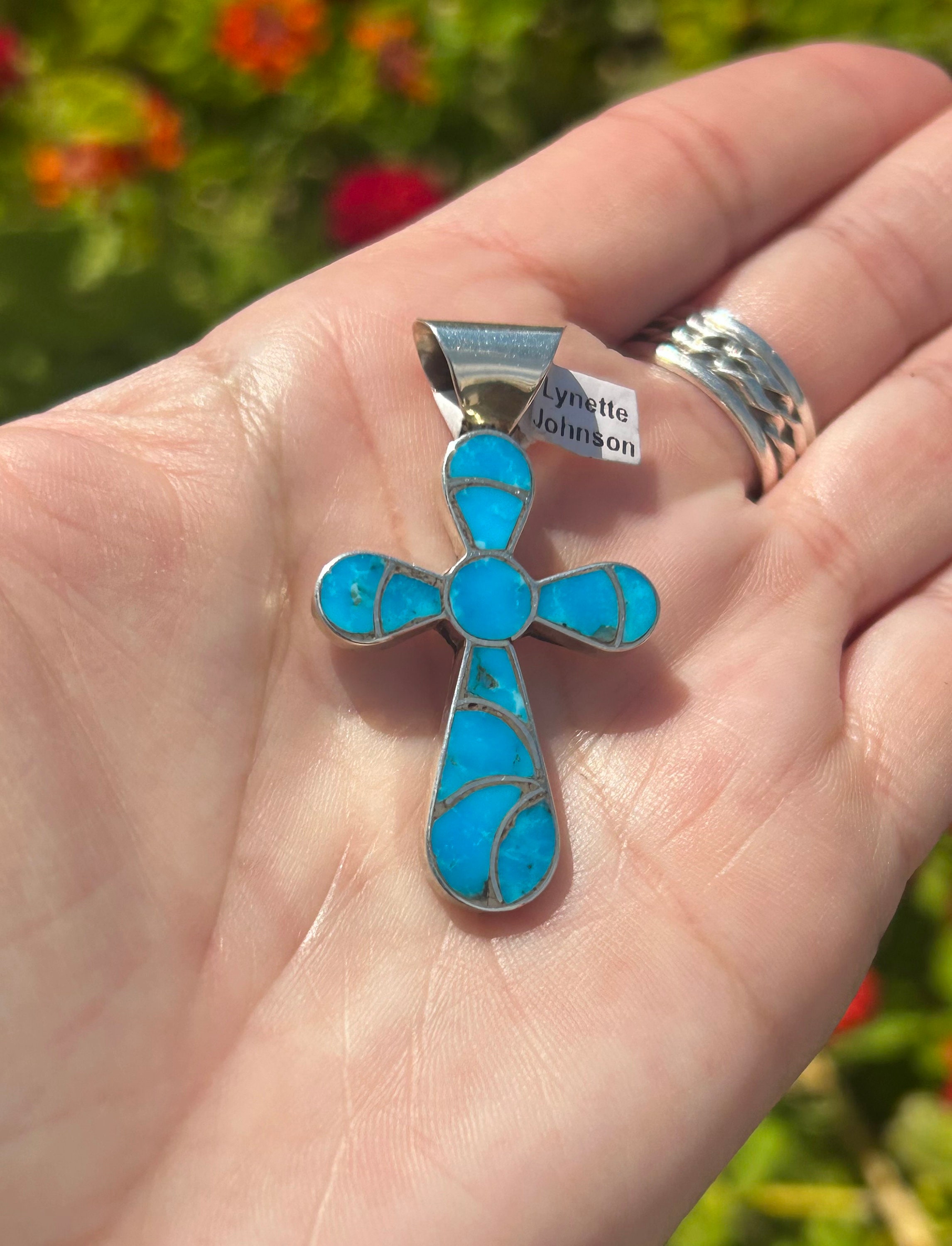 Zuni Inlay Sterling Silver Native American Turquoise Cross Pendent Men ...