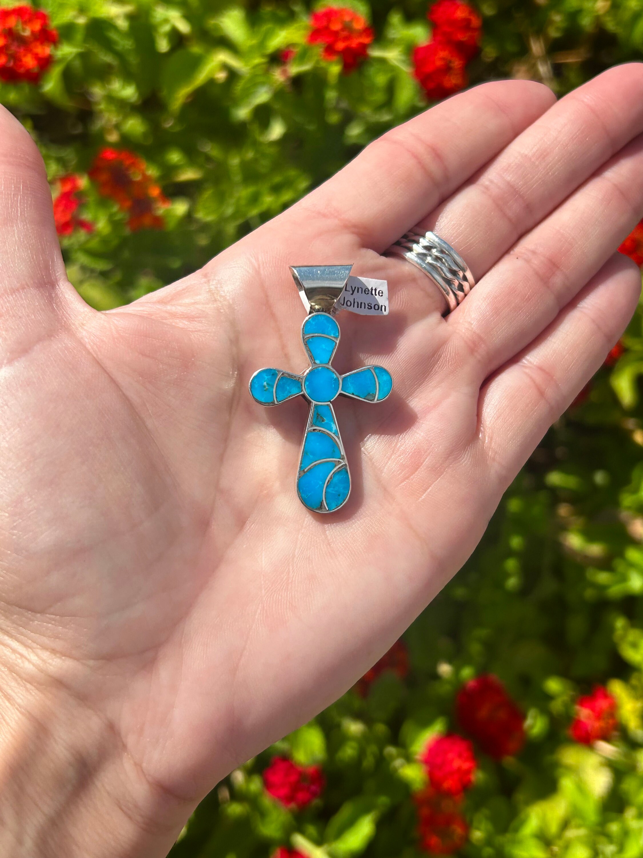 Zuni Inlay Sterling Silver Native American Turquoise Cross Pendent Men ...