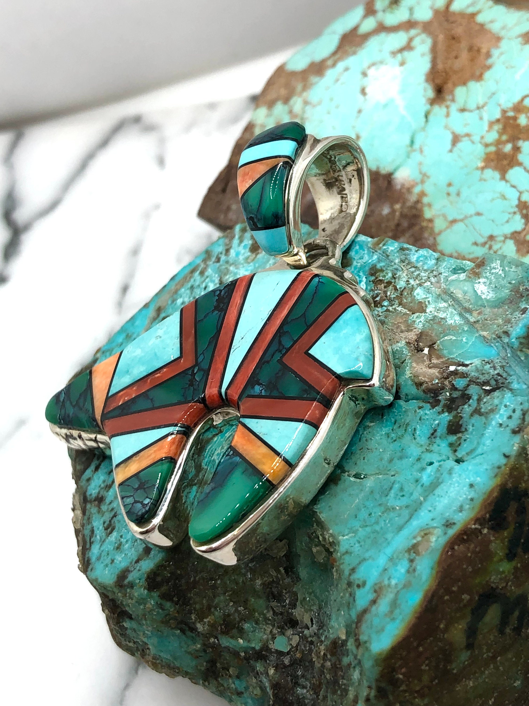 PHENOMENAL CALVIN BEGAY Multistone High End Turquoise Inlay Sterling ...