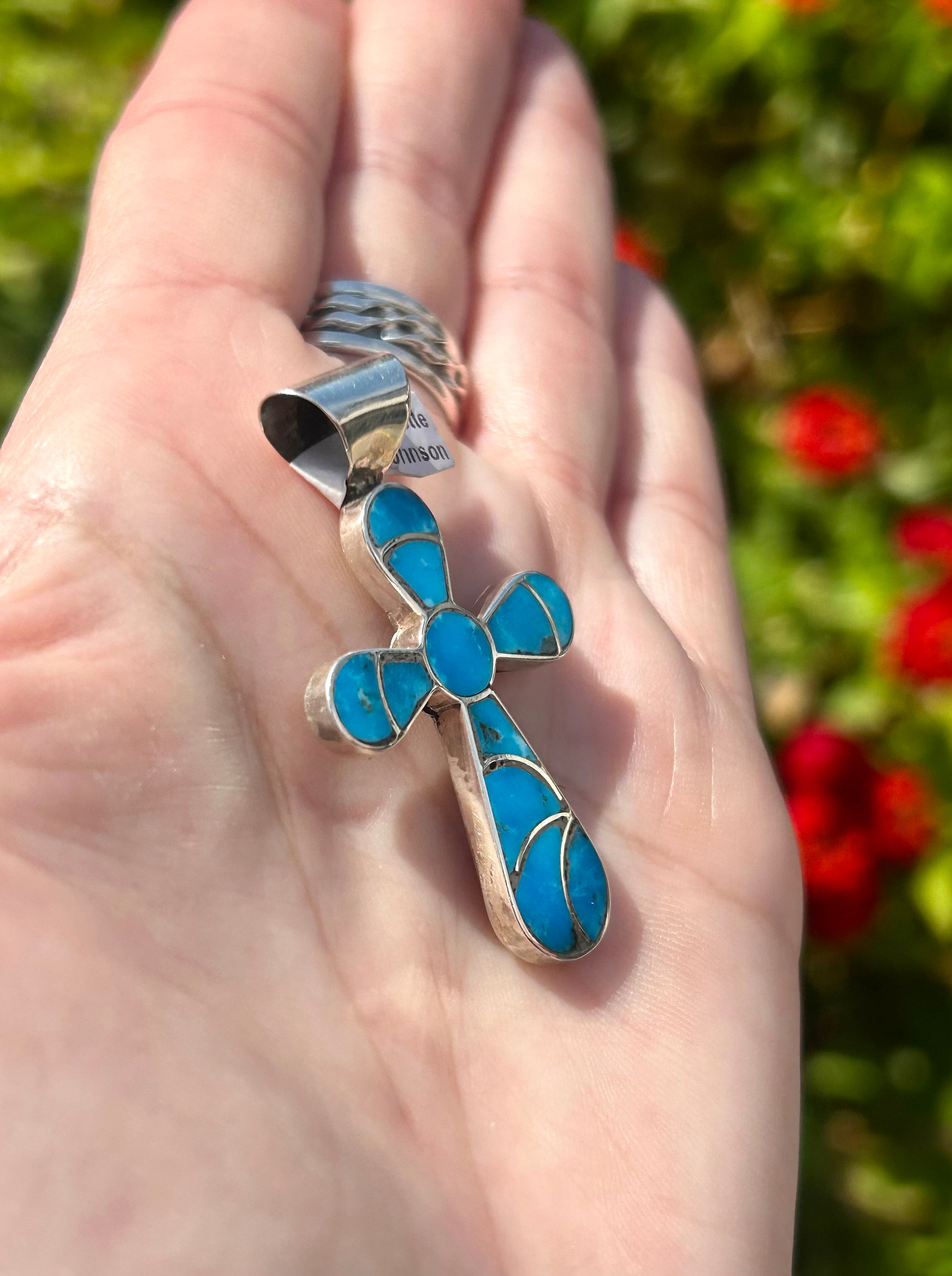 Zuni Inlay Sterling Silver Native American Turquoise Cross Pendent Men ...