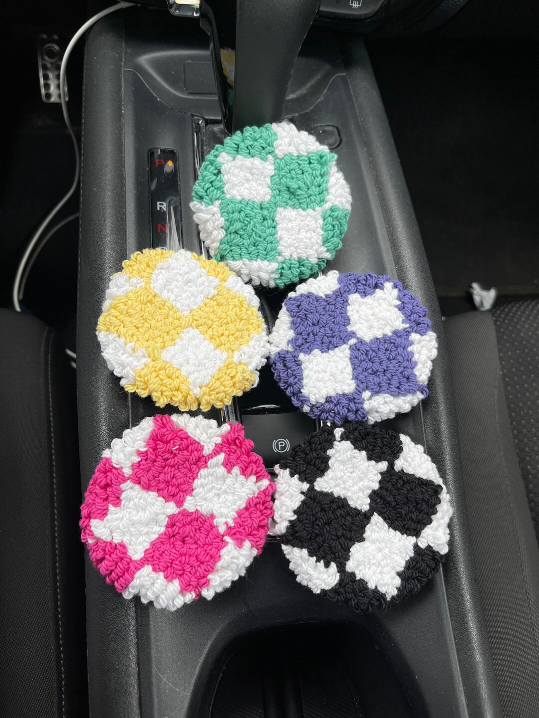 One Car Coaster, Punch Needle, Checkered Print Coaster, Personalized ...