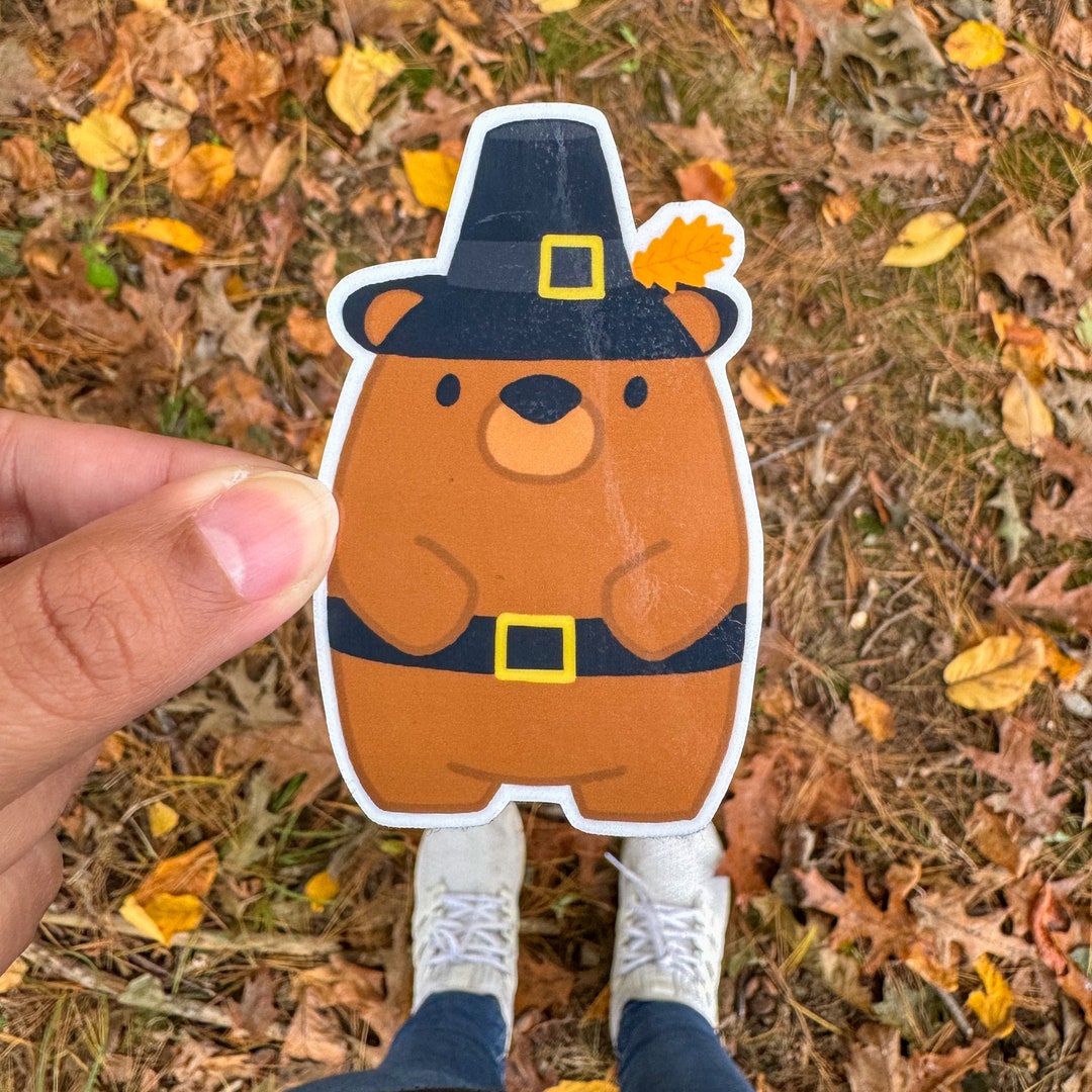 Pilgrim Bear Sticker, Fall Stickers, Cute Bear Sticker, Waterproof ...