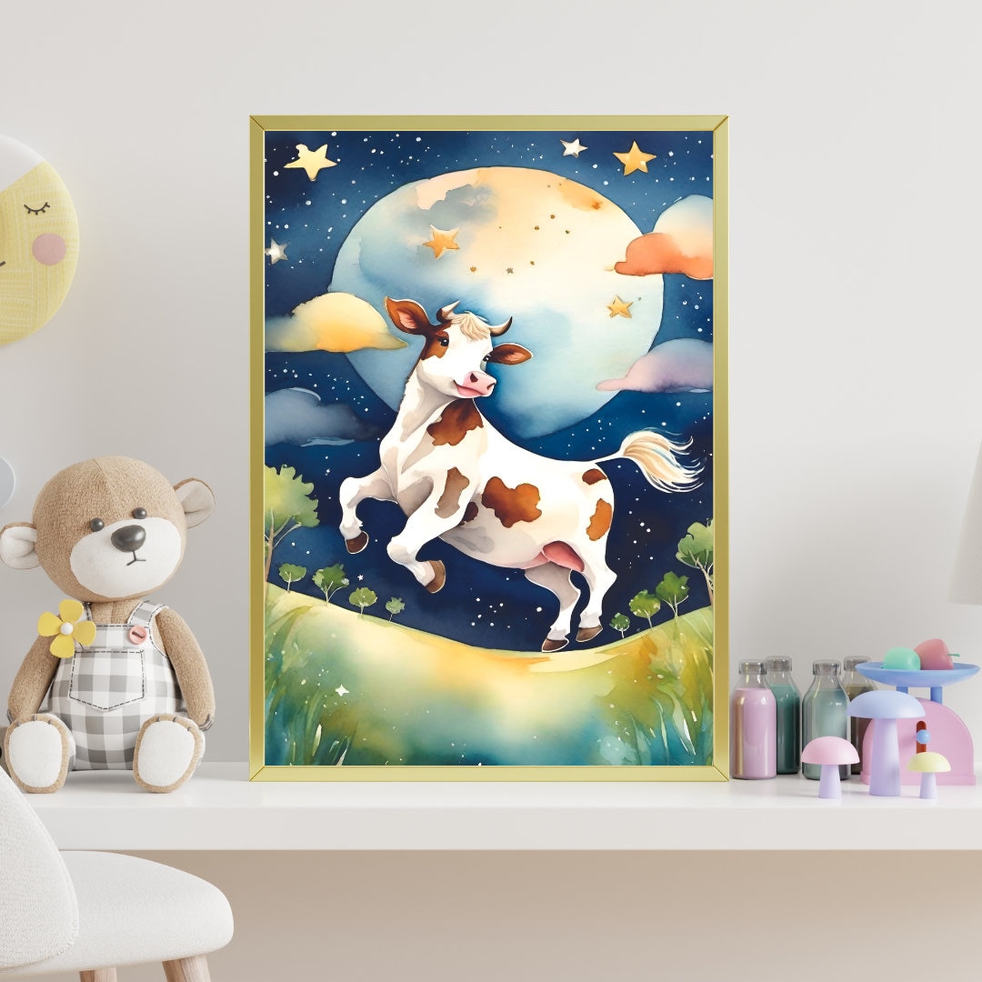 Children's Cow Jumping Over the Moon Printable Wall Art Digital Files ...