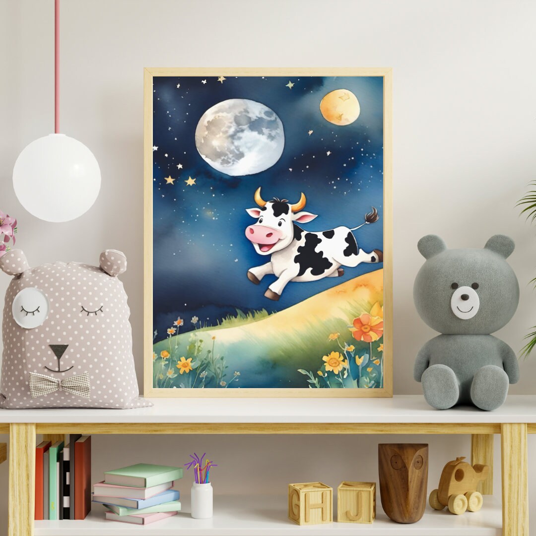 Children's Cow Jumping Over the Moon Printable Wall Art Digital Files ...