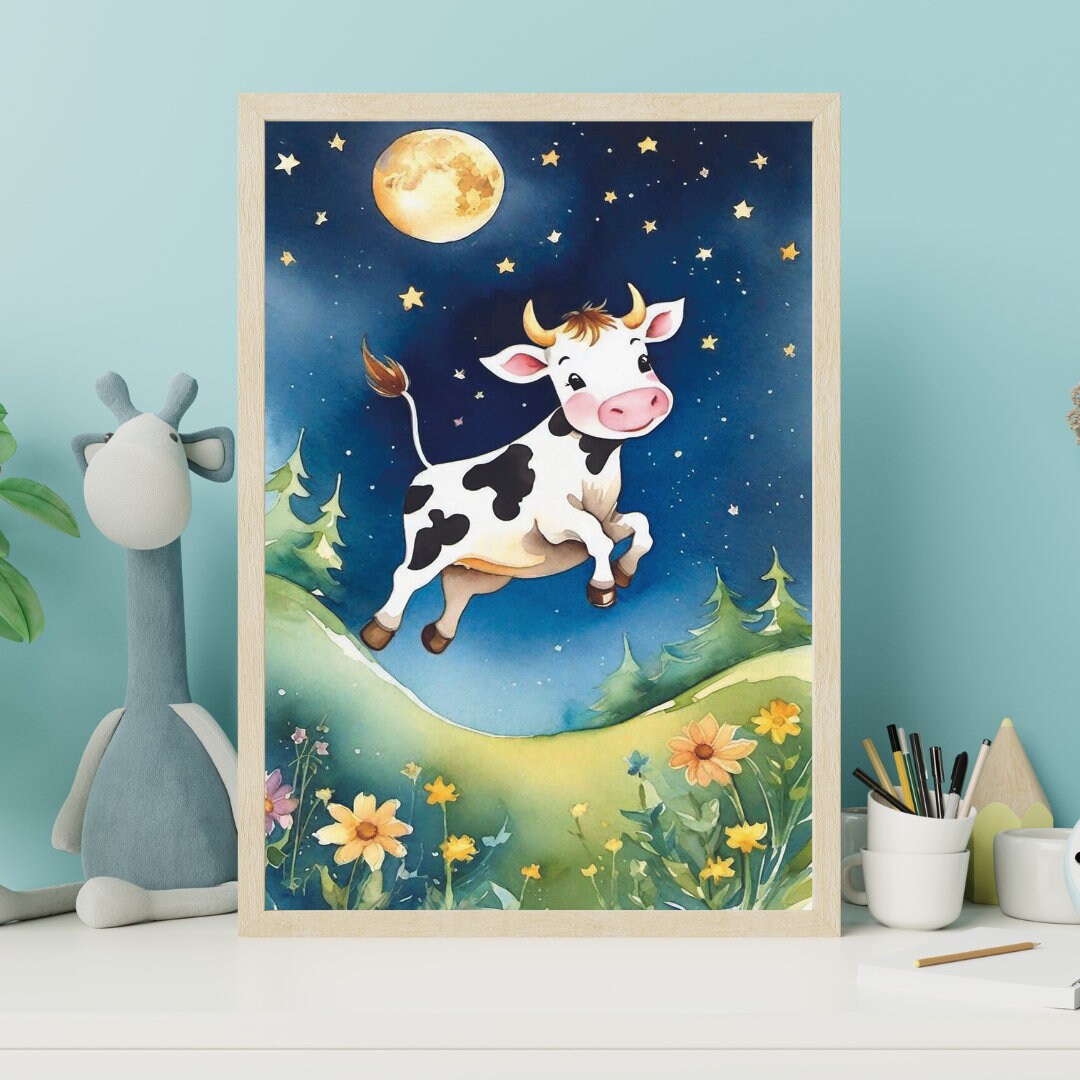 Children's Cow Jumping Over the Moon Printable Wall Art Digital Files ...
