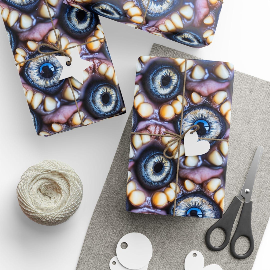 Bizarre Dog Teeth and Eyes Abomination Wrapping Paper, Weird Gift Wrap ...