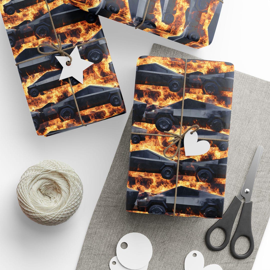 Gift Wrap, Burning Tesla Cybertruck Pattern, F-elon Wrapping Paper ...