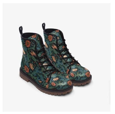 William Morris Green and Orange Pattern Vegan Leather Boots Festival ...