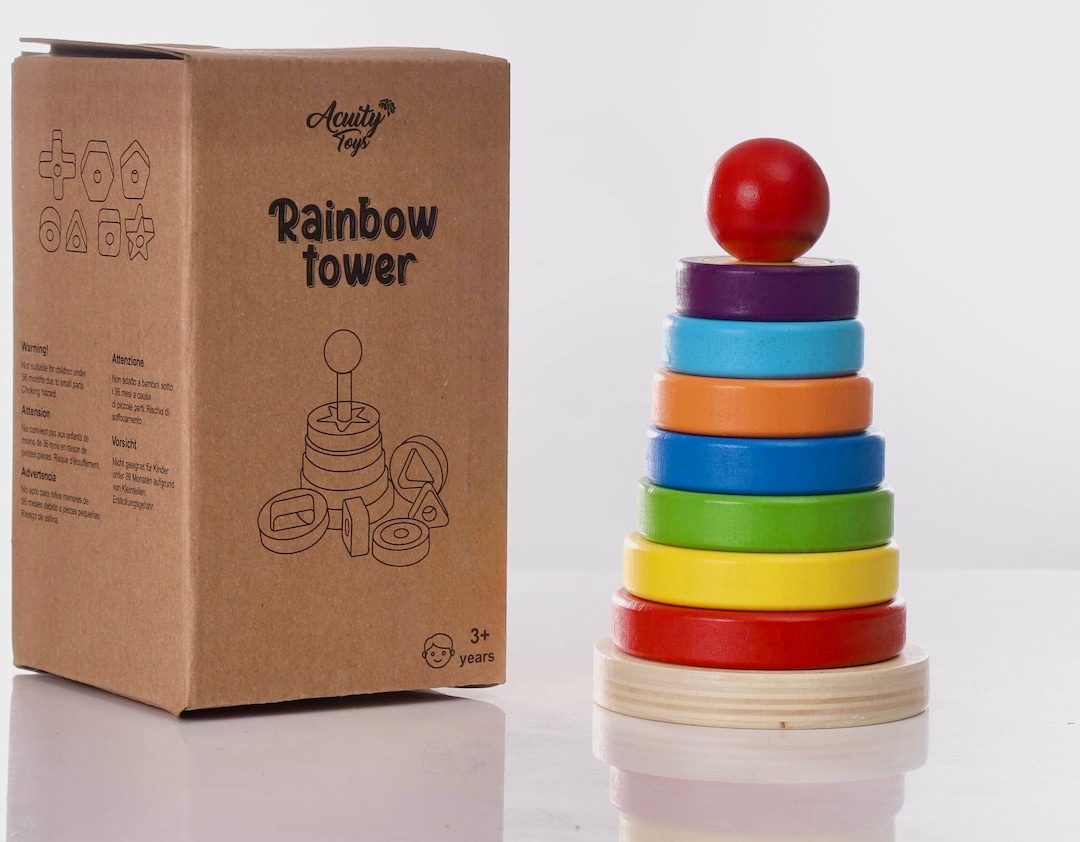 Wooden Rainbow Tower Toy | Acuity Toys | Montessori Stacking Geometric ...