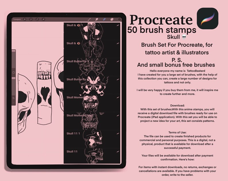 50 Skull and Skeleton Brush Stamps Set From Tattoo and Digital Artist Procreate - Etsy