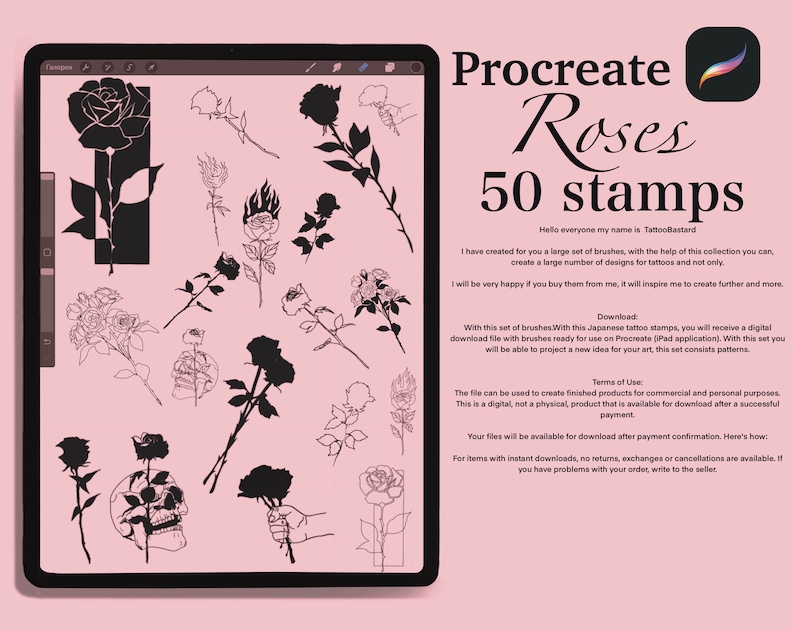 50 Stamps Brush Roses From Procreate Tattoo Artist - Etsy