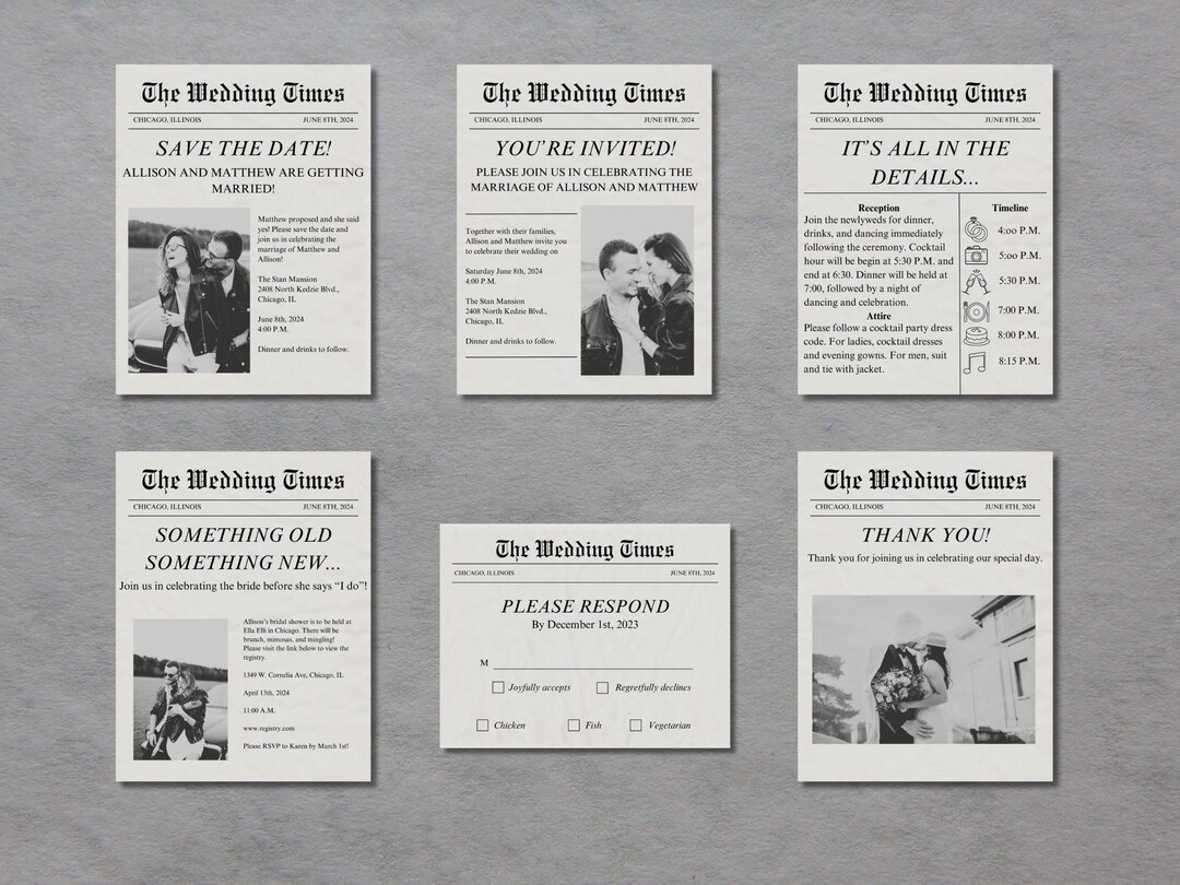 Newspaper Theme Wedding Invitation Template Bundle - Etsy
