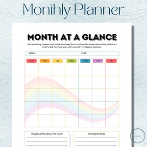 Rainbow Month at a Glance Printable 2023, Blank Monthly Planner Digital ...