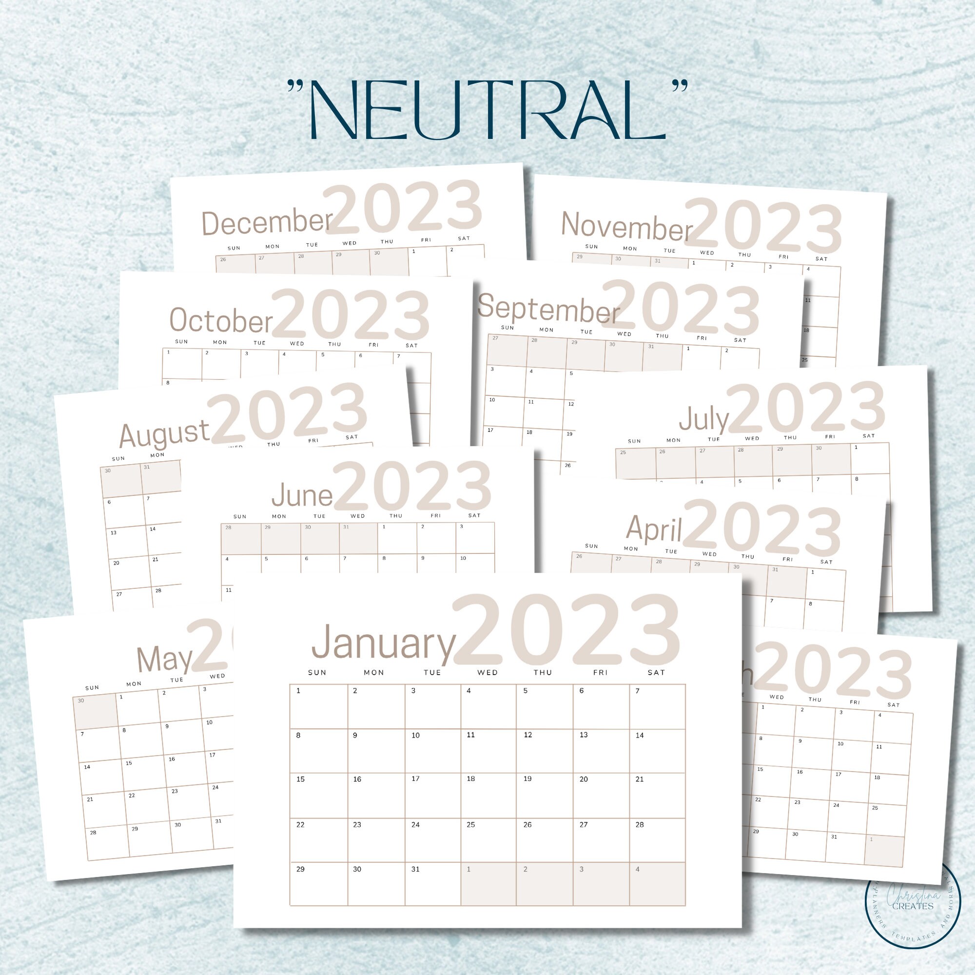 Neutral Monthly Calendar 2023 Printable Horizontal Calendar - Etsy