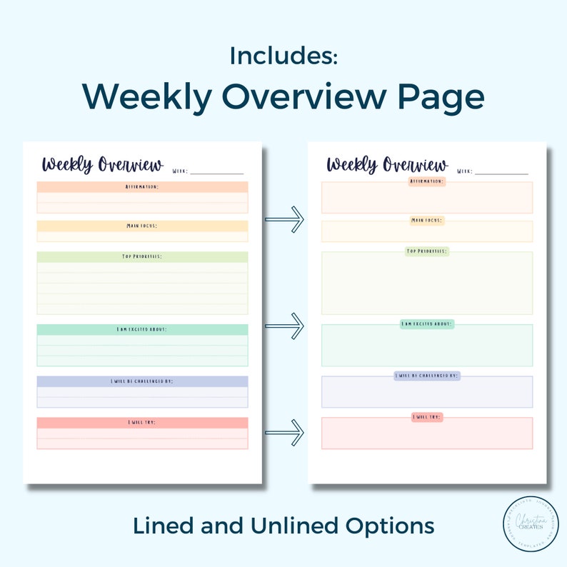 Pastel Weekly Planner Pack, One Page Digital Printable Review, Back to ...