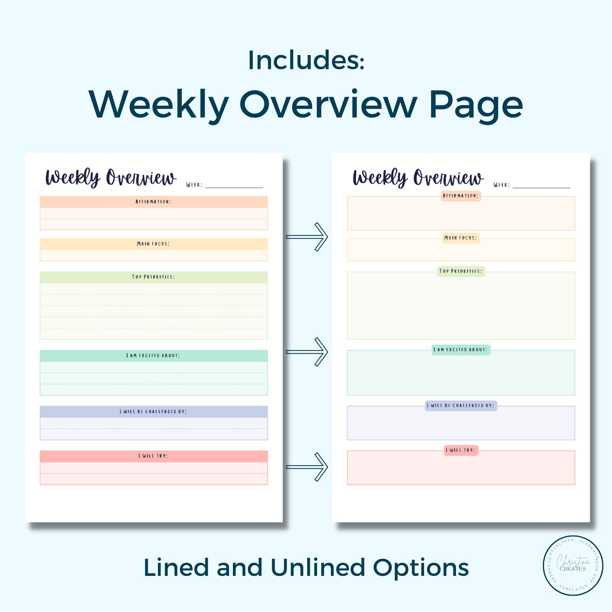 Pastel Weekly Planner Pack, One Page Digital Printable Review, Back to ...