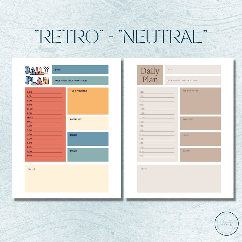 One Page Daily Planner in Six Styles, Printable Daily Planner Page, One ...