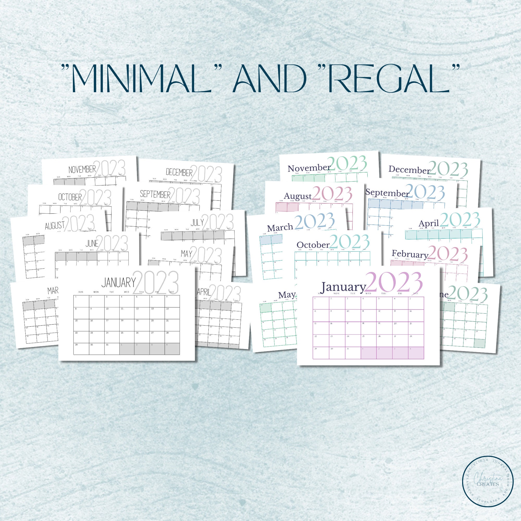 12 One Page Monthly Calendars in Six Styles, Horizontal Calendar ...