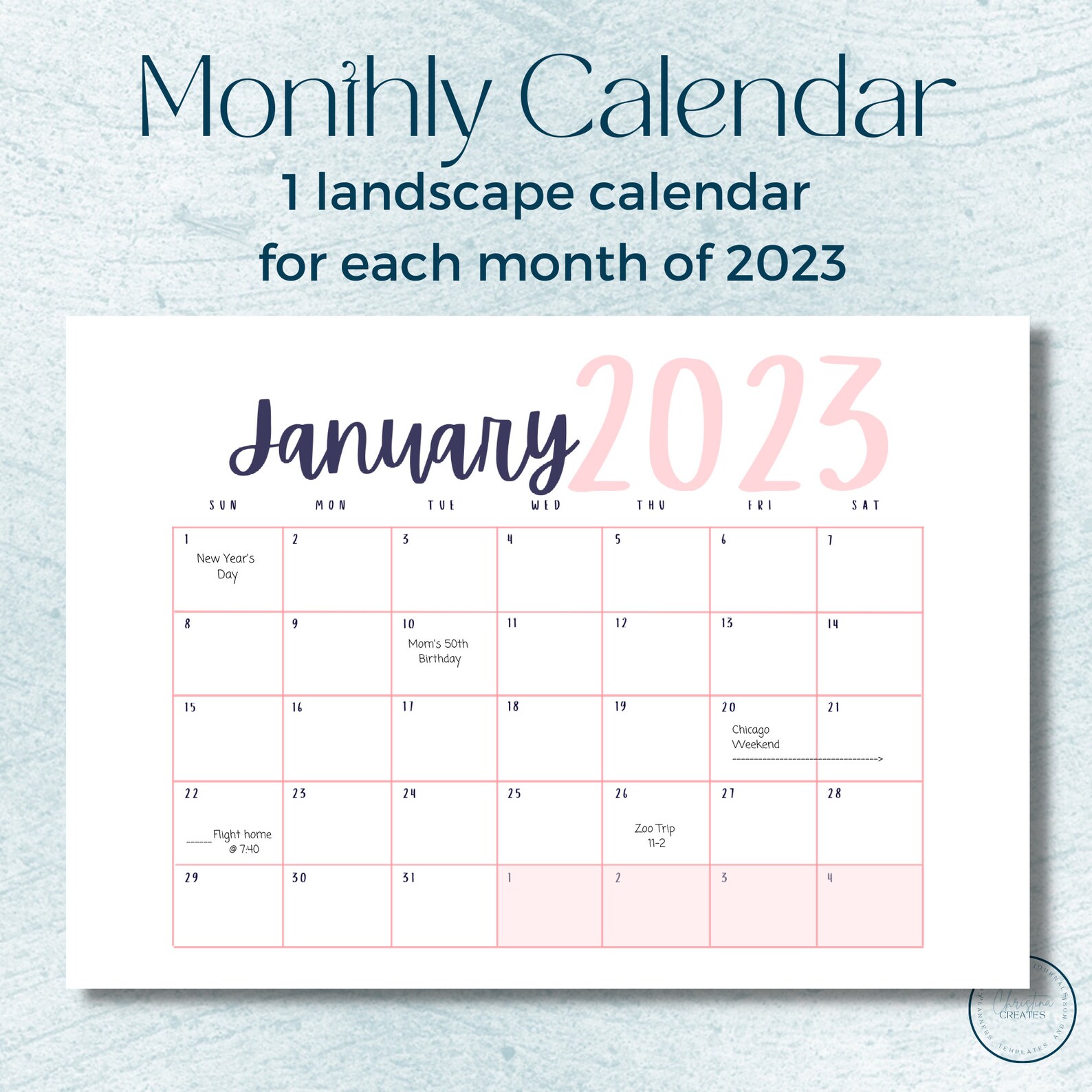 12 One Page Monthly Calendars in Six Styles, Horizontal Calendar ...