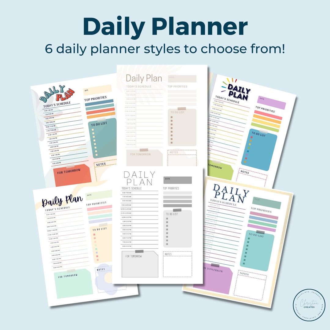 One Page Daily Planner in Six Styles, Printable Daily Planner, Digital ...