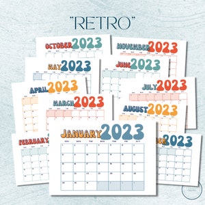 Retro Monthly Calendar 2023 Printable, Horizontal Calendar Planner ...