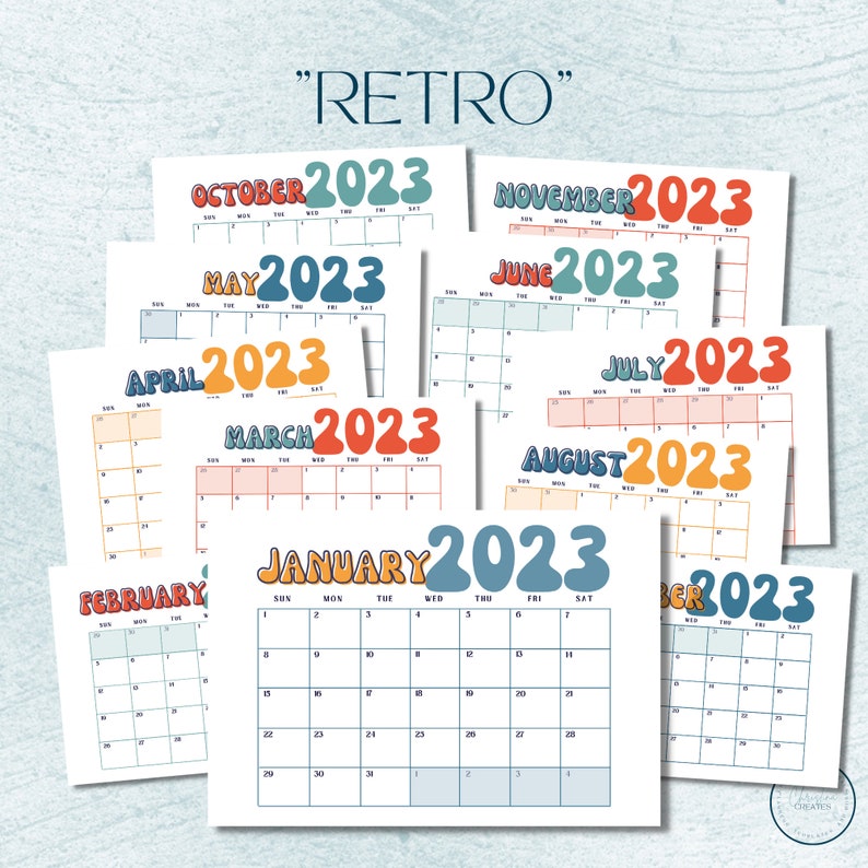Retro Monthly Calendar 2023 Printable, Horizontal Calendar Planner ...