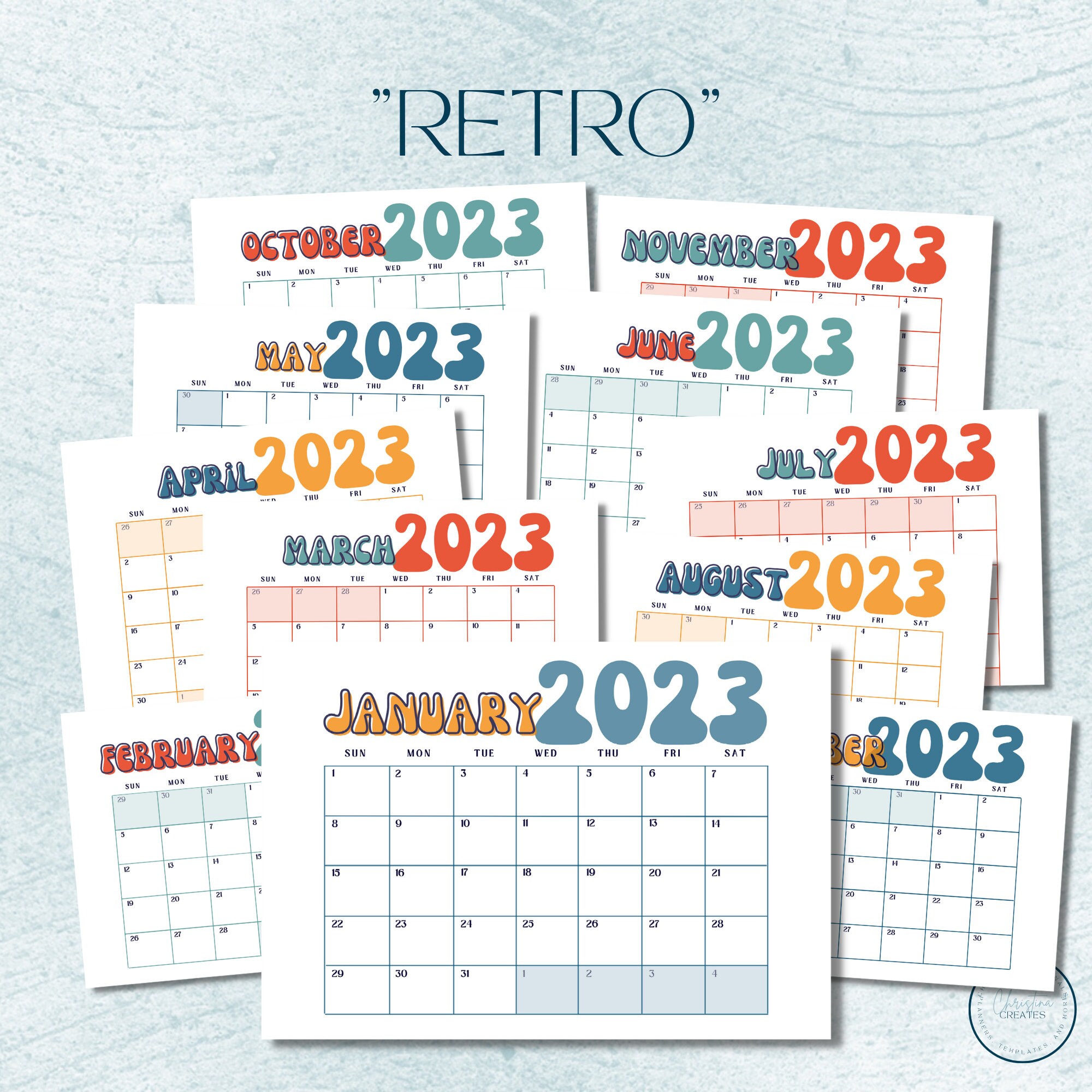 Retro Monthly Calendar 2023 Printable, Horizontal Calendar Planner ...