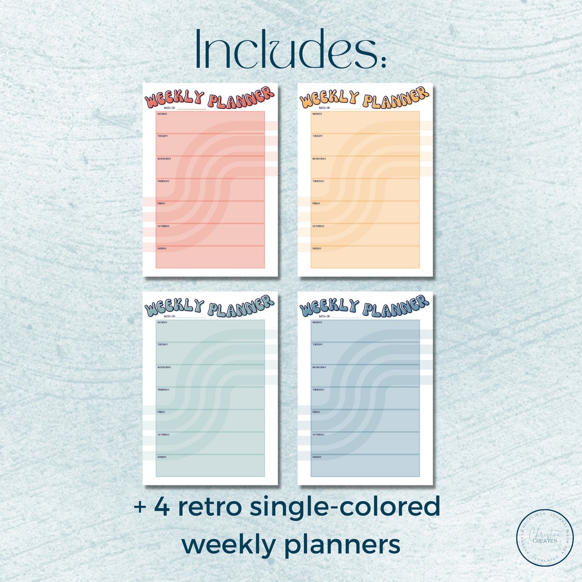Retro Weekly Planner Printable, Full Week at a Glance Digital Organizer ...