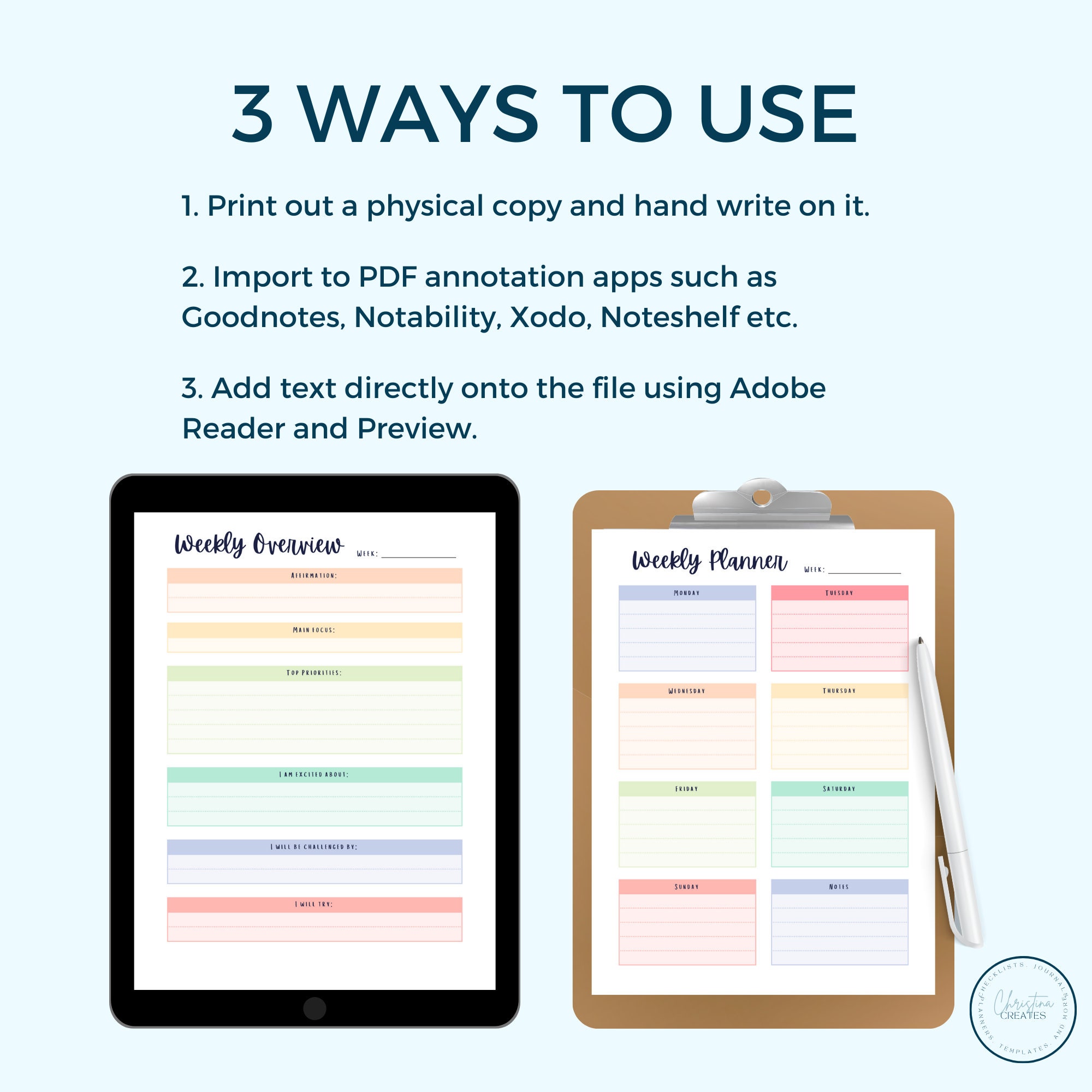 Pastel Weekly Planner Pack, One Page Digital Printable Review, Back to ...