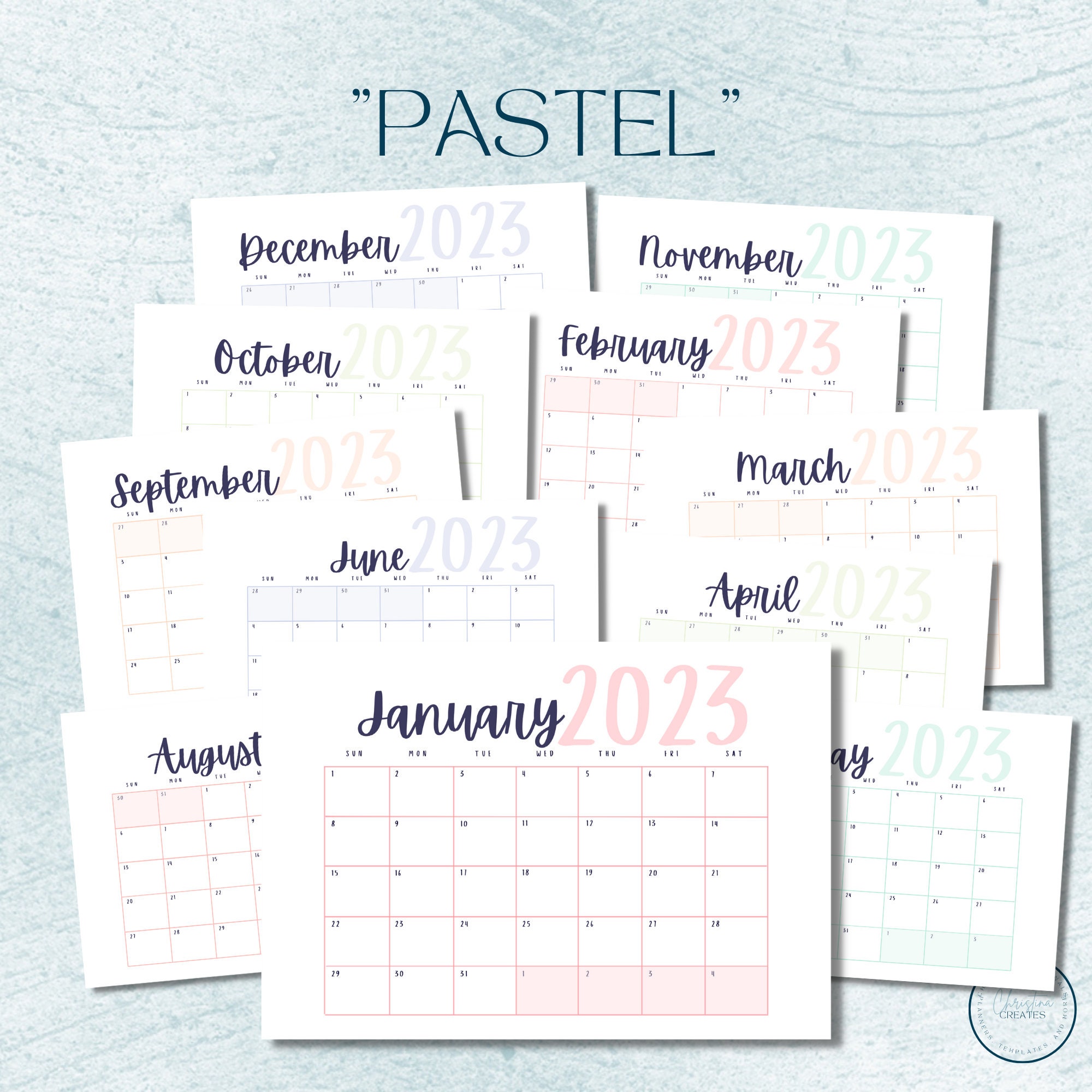 Pastel Monthly Calendar 2023 Printable, Horizontal Calendar Planner ...