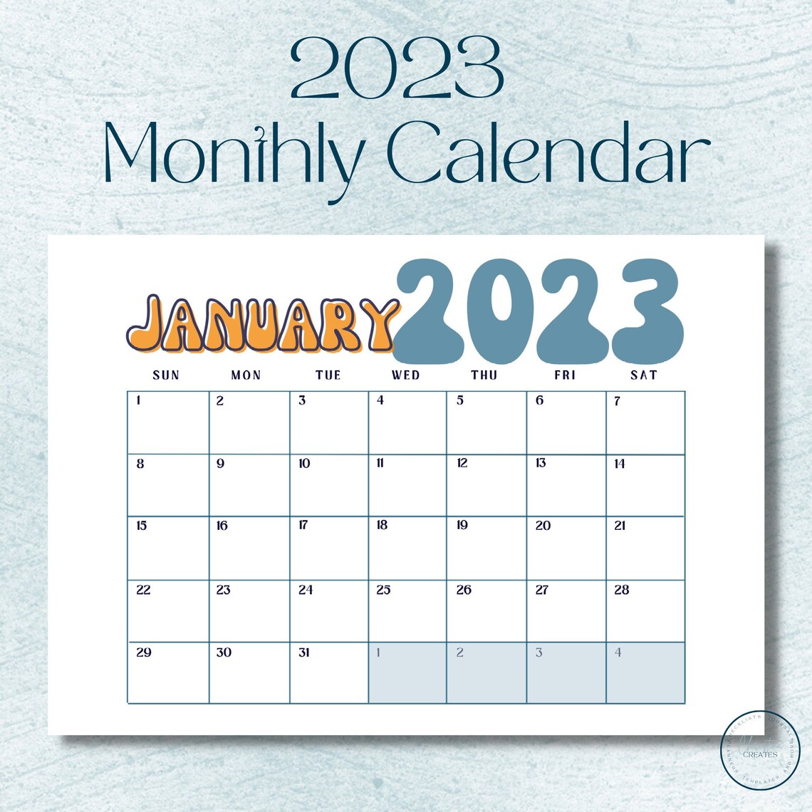 Retro Monthly Calendar 2023 Printable, Horizontal Calendar Planner ...