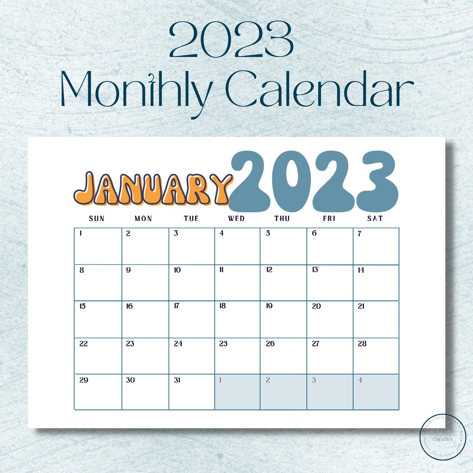 Retro Monthly Calendar 2023 Printable, Horizontal Calendar Planner ...