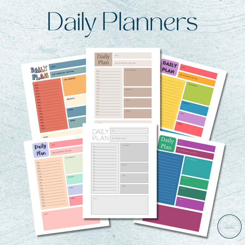 One Page Daily Planner in Six Styles, Printable Daily Planner Page, One ...
