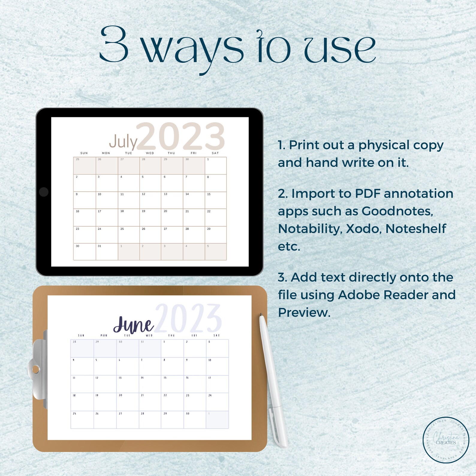 12 One Page Monthly Calendars in Six Styles, Horizontal Calendar ...