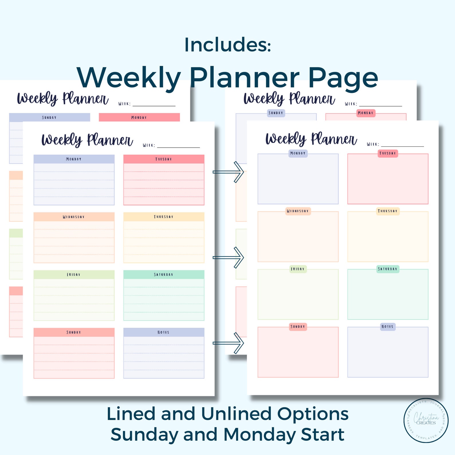 Pastel Weekly Planner Pack, One Page Digital Printable Review, Back to ...