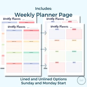 Pastel Weekly Planner Pack, One Page Digital Printable Review, Back to ...