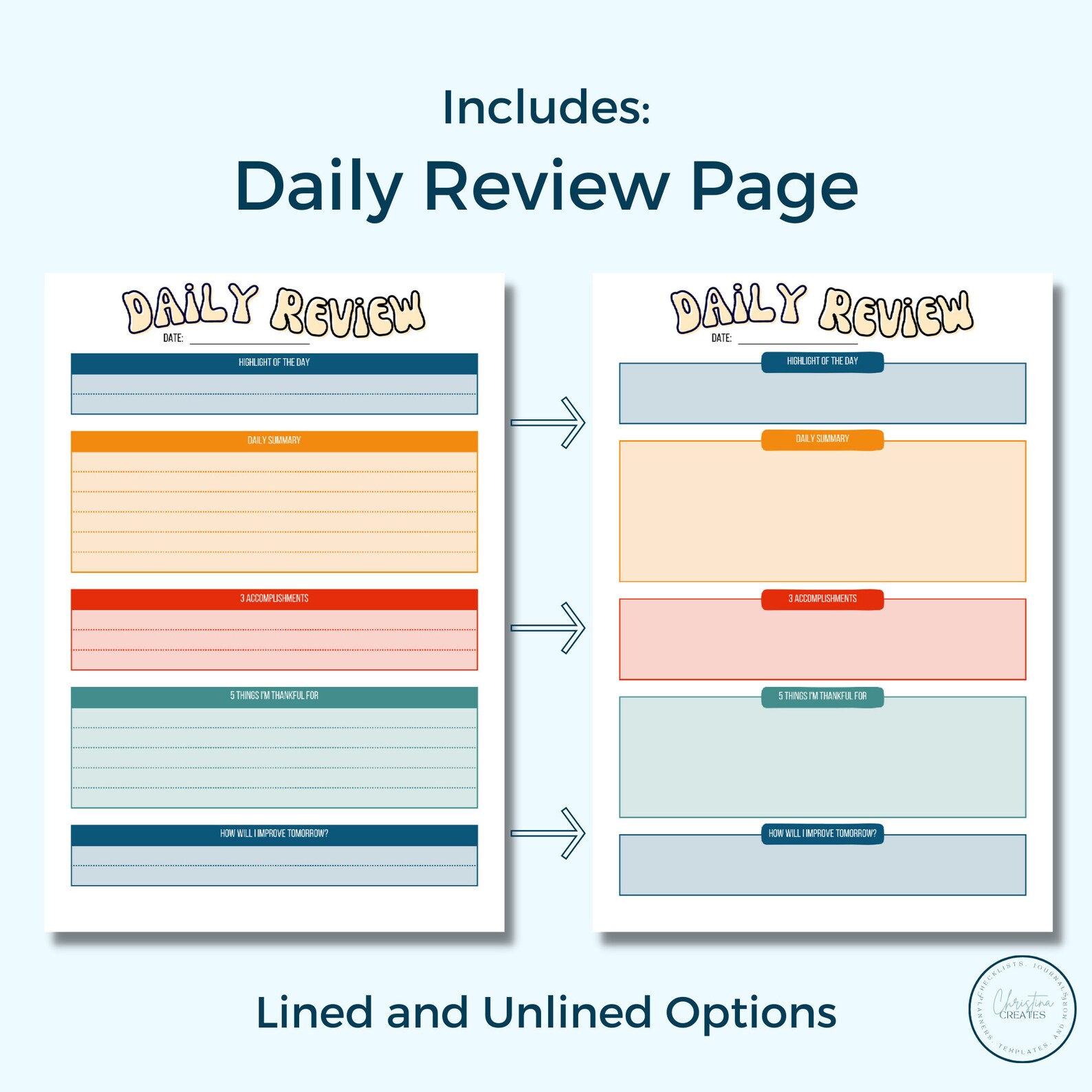 Retro Daily Planner Pack, One Page Digital Printable Review, Back to ...