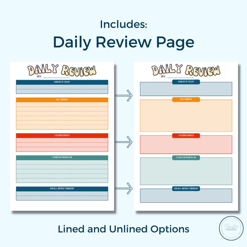 Retro Daily Planner Pack, One Page Digital Printable Review, Back to ...