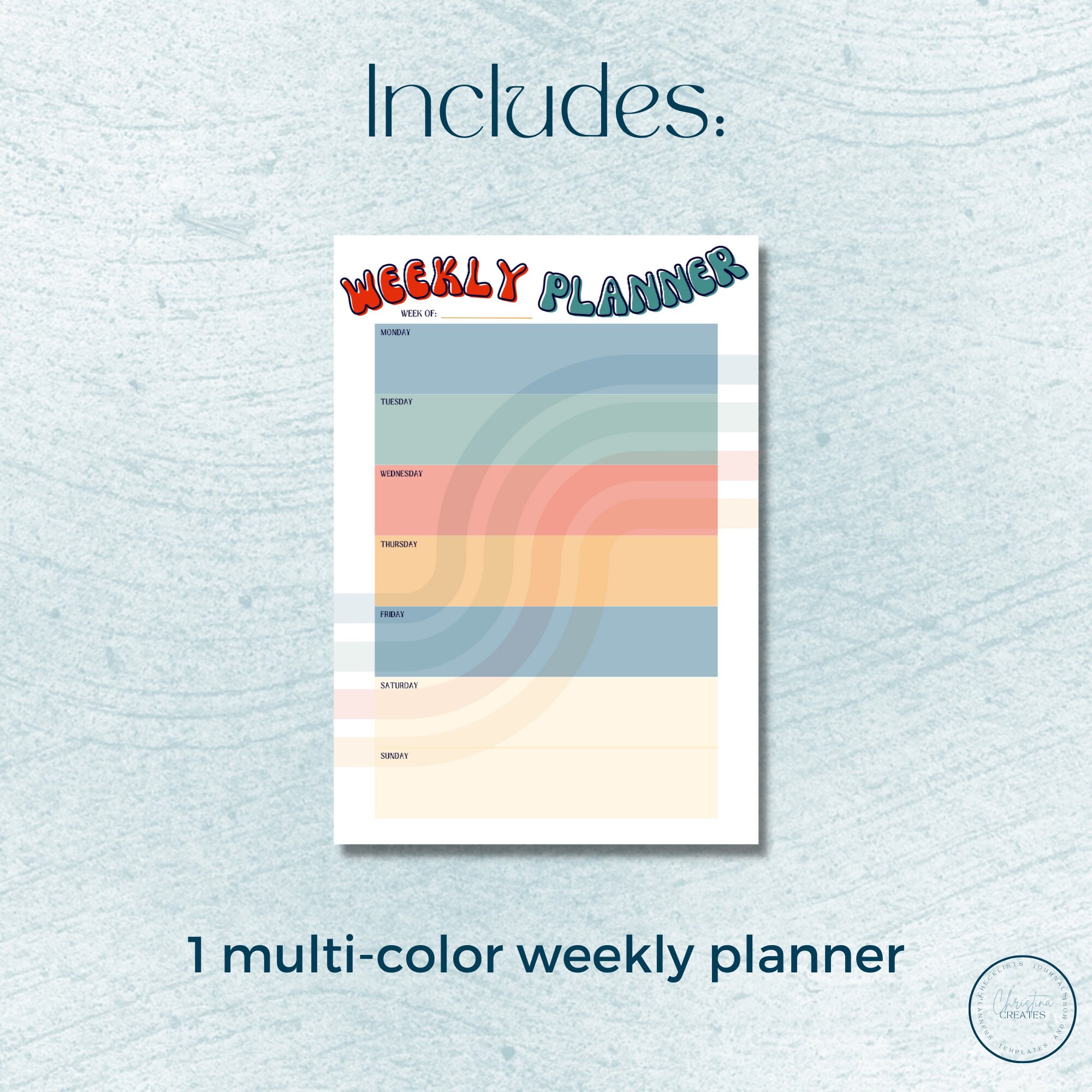 Retro Weekly Planner Printable, Full Week at a Glance Digital Organizer ...