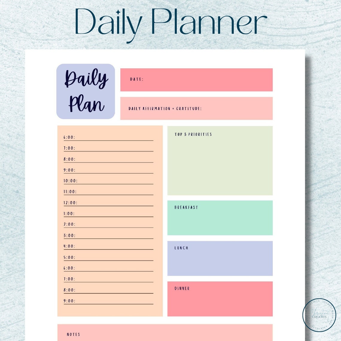 Pastel Daily Planner, Printable Daily Planner Page, One Page Planner ...
