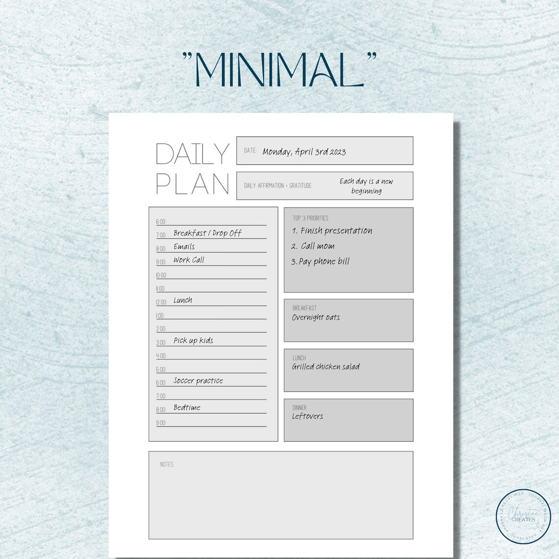 Minimal Daily Planner, Printable Daily Planner Page, One Page Planner ...