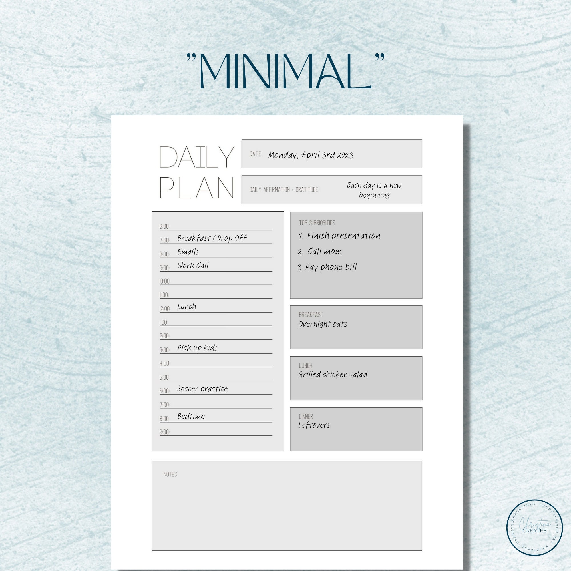 Minimal Daily Planner, Printable Daily Planner Page, One Page Planner ...