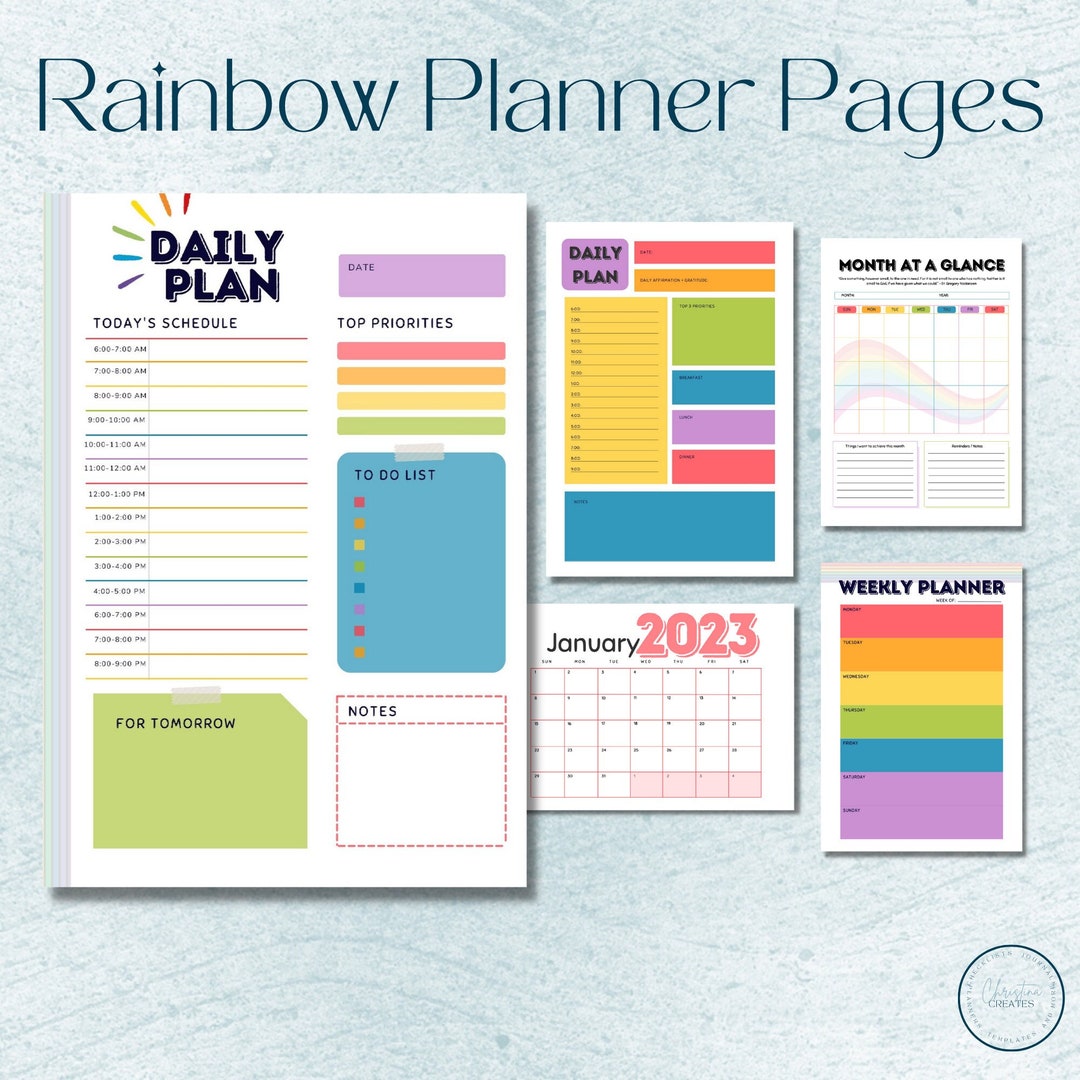 Rainbow Planner Pages Digital, Cute One Page Schedule, Daily Weekly ...