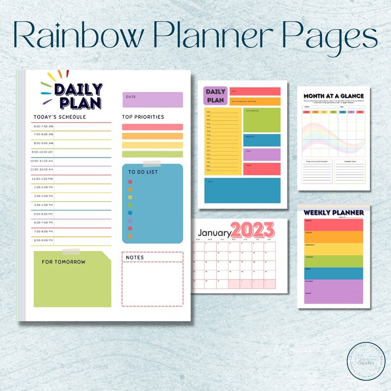 Rainbow Planner Pages Digital, Cute One Page Schedule, Daily Weekly ...